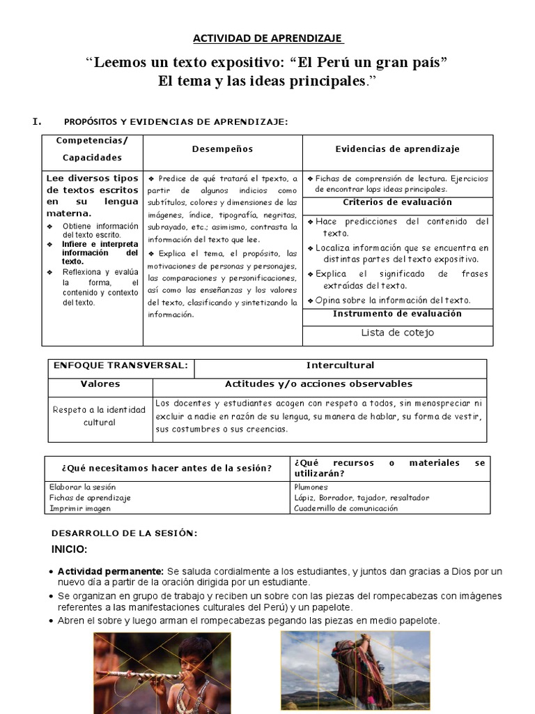 EL Perú Un Gran País Texto Expositivo | PDF | Evaluación | Aprendizaje
