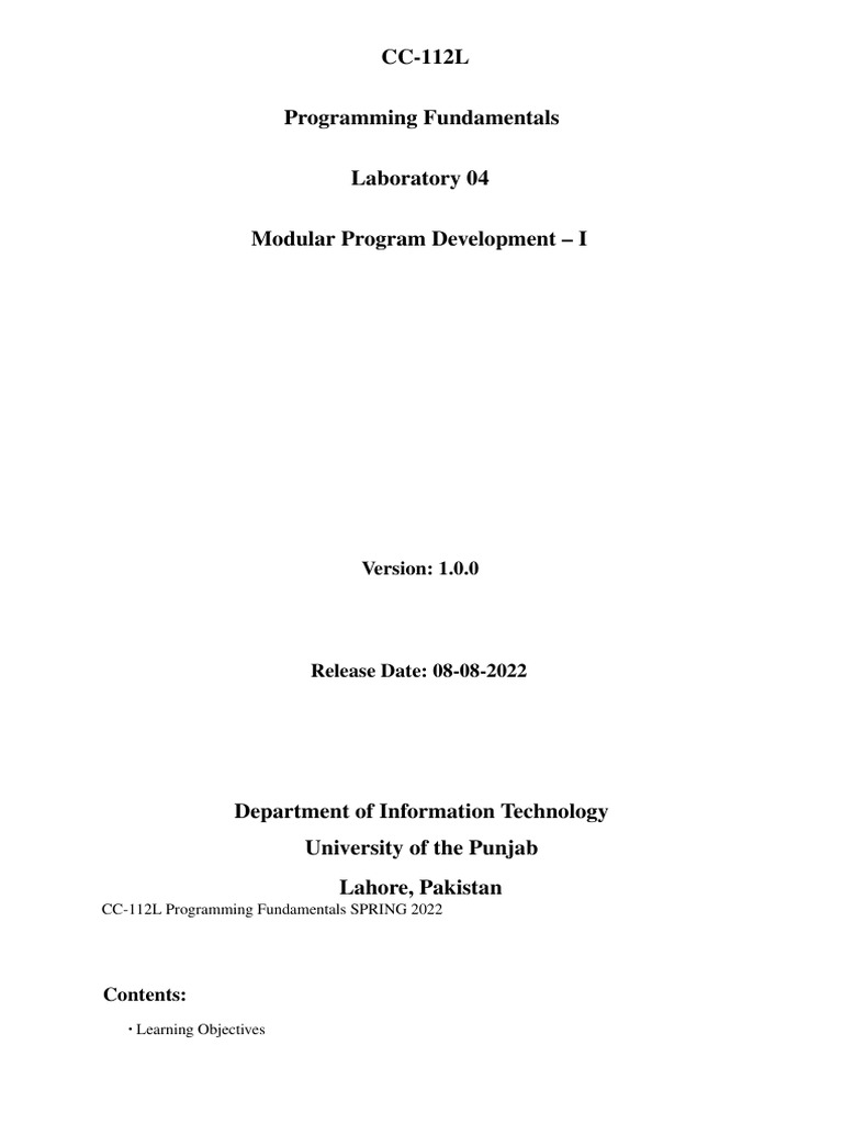CC-112L Programming Fundamentals Laboratory 04 Modular Program Development - I | PDF | Parameter ...