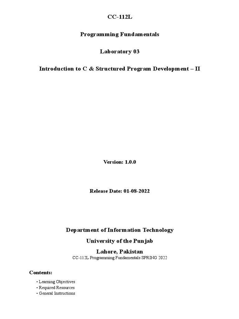 CC-112L Programming Fundamentals Laboratory 03 Introduction To C & Structured Program ...