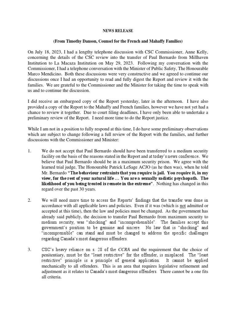 News Release From Tim Danson Re Offender Paul Bernardo and CSC Report (July 20-2023) | PDF ...