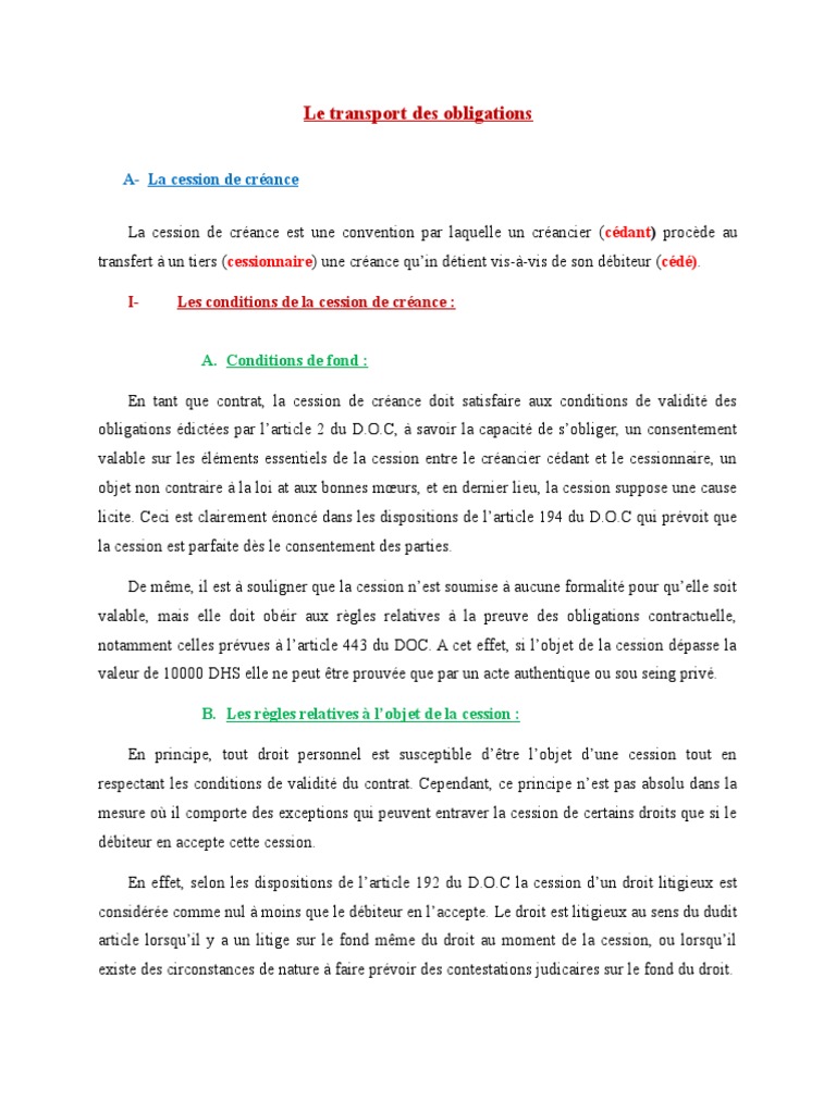 Le Transport Des Obligations | PDF | Débiteur | Droit privé
