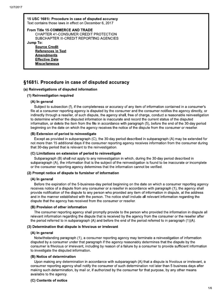 15 U.S. Code 1681i Proceedure in Case of Disputed Accuracy | PDF