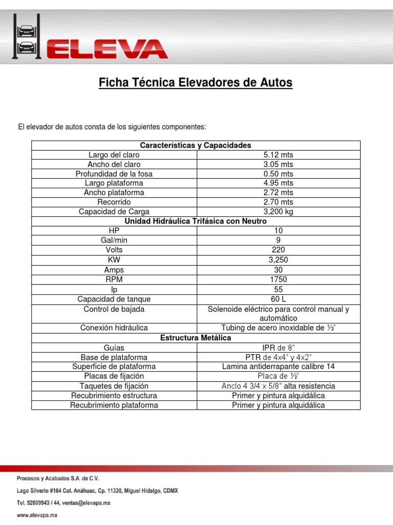 Ficha Tecnica Elevador de Autos ELEVA | PDF | Bienes manufacturados