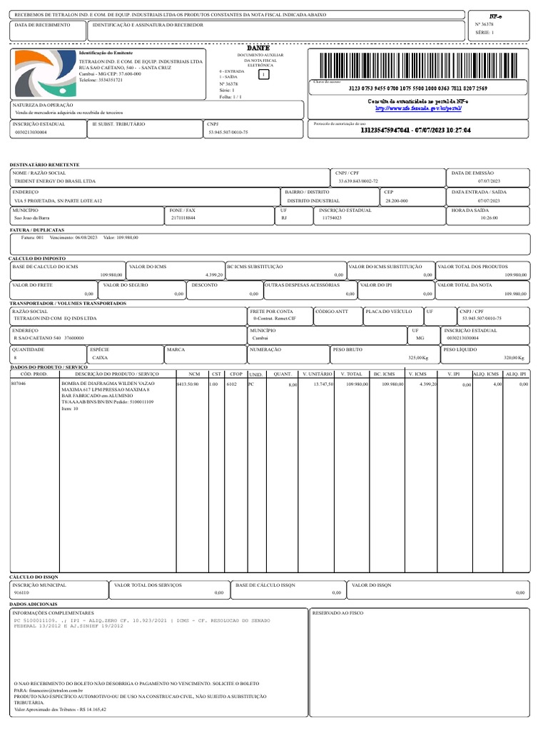 Nota Fiscal Eletrônica - Tetralon Ind. | PDF | Recibo | Gestão da ...