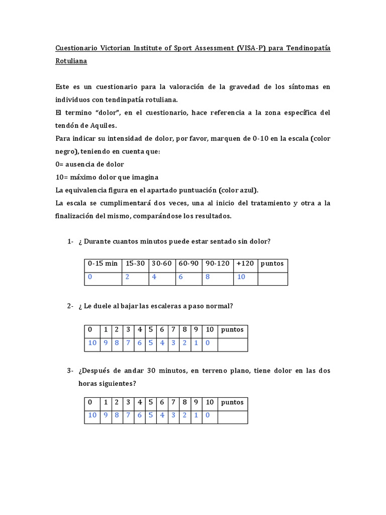Cuestionario VISA-P para Tendinopatía | PDF | Medicina CLINICA ...