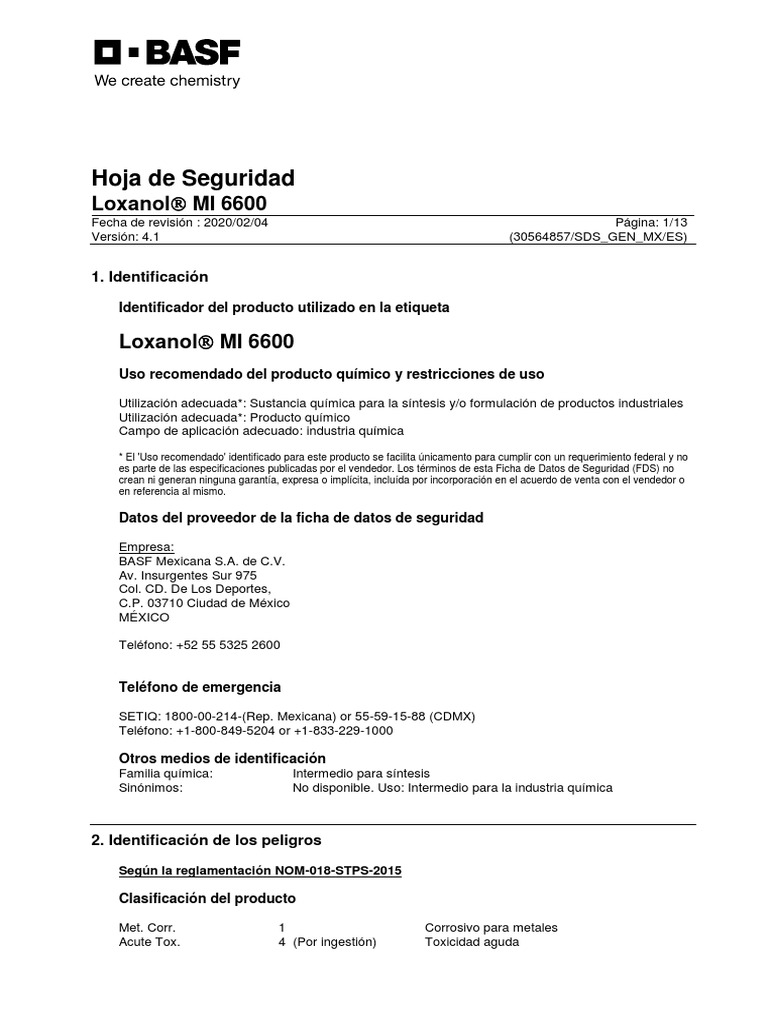 Loxanol+MI+6600 000000000030564857 SDS GEN MX Es 4-1 | PDF | Agua ...