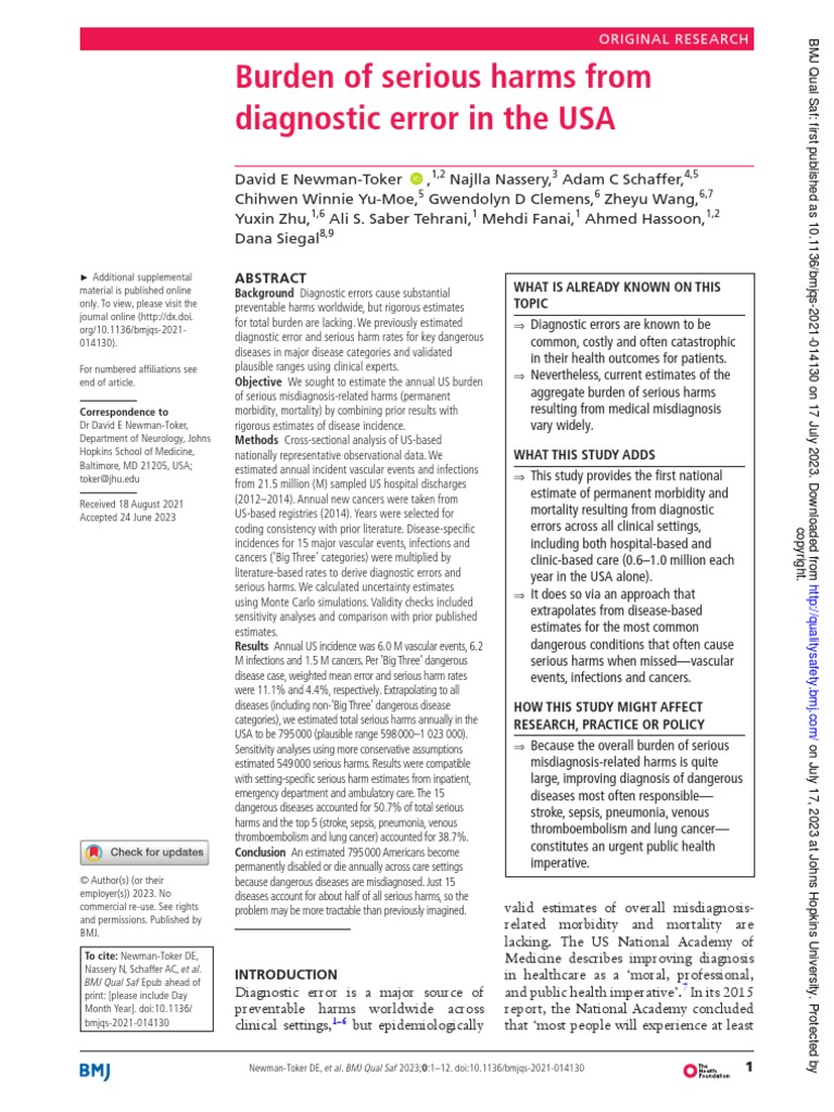 Burden of Serious Harms From Diagnostic Error in The USA | PDF ...