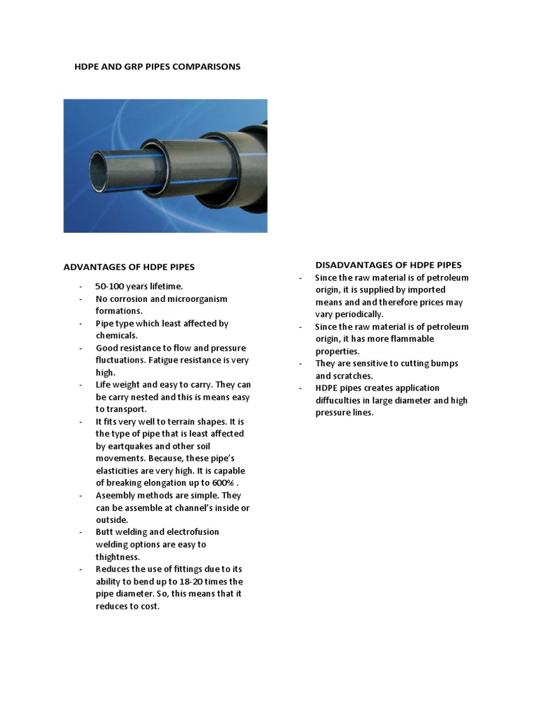 Hdpe - GRP Pipes - Comparisons | PDF | Pipe (Fluid Conveyance) | Fiberglass