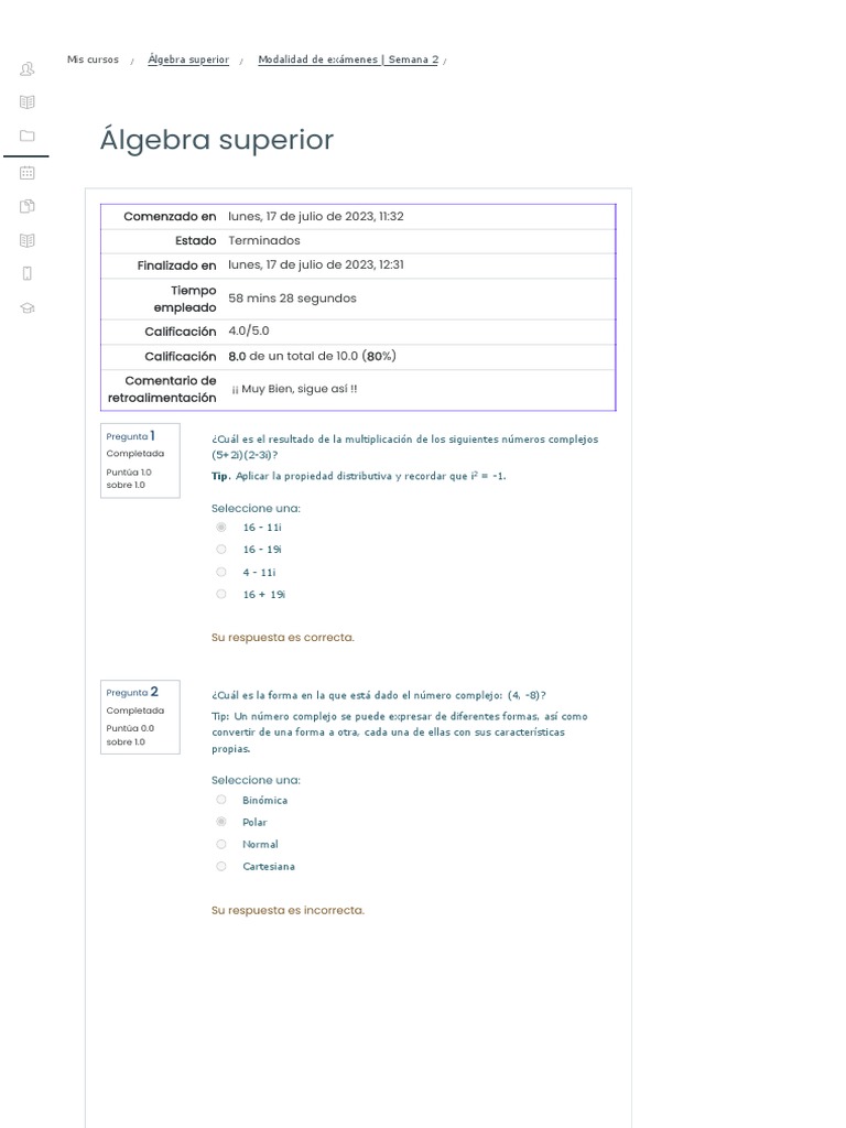 Examen Algebra Superior - Semana 2 | PDF | Número complejo | Números Examen Algebra Superior - Semana 2 | PDF | Número complejo | Números