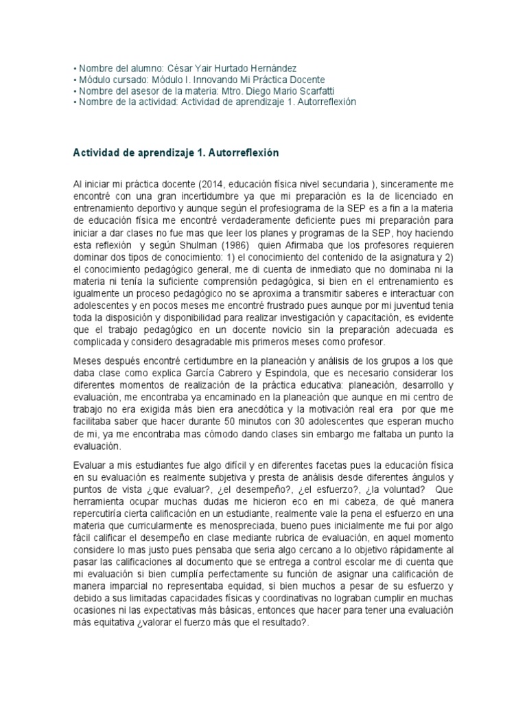 Actividad de Aprendizaje 1. Autorreflexión | PDF | Evaluación | Enseñando