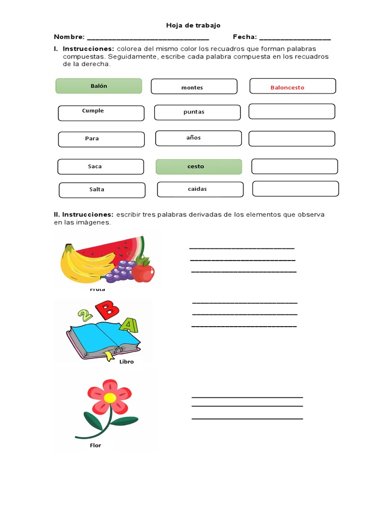 Hoja de trabajo: Palabras compuestas y derivadas | PDF