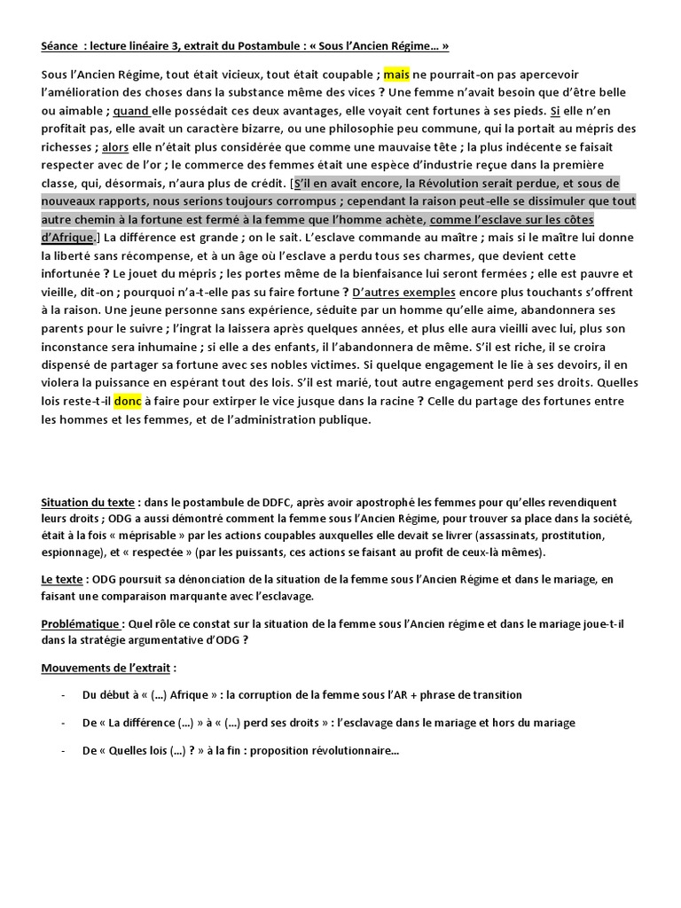 Lecture Linéaire - Olympe de Gouge, Extrait Du Postambule, Déclaration ...