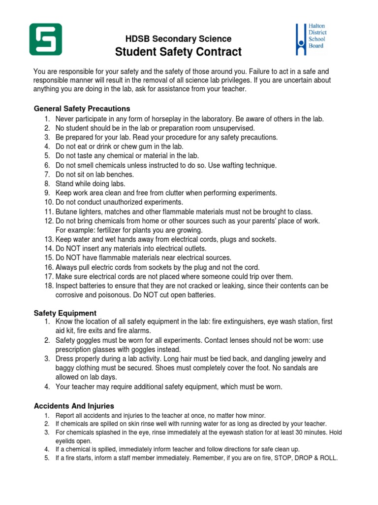 HDSB Secondary Science Student Safety Contract | PDF | Laboratories ...