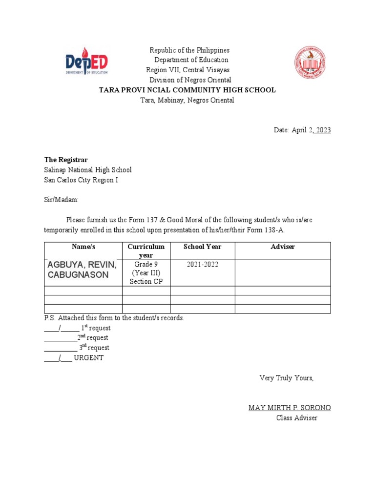 Request Letter for Form 137 & Good Moral | PDF