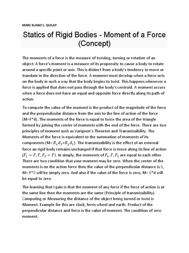 Statics of Rigid Bodies - Moment of A Force (Concept) | PDF