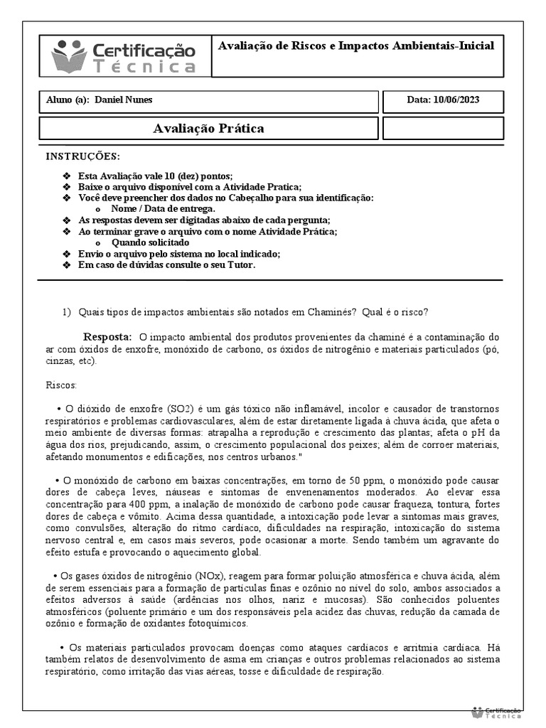Atividade Pratica - Avaliacao de Riscos - Daniel Nunes | PDF | Monóxido de carbono | Água