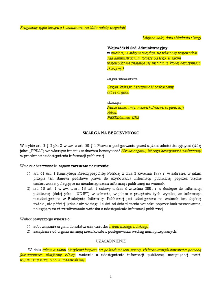 Wzor - Skarga Na Bezczynnosc - Brak Odpowiedzi 09.2019 | PDF