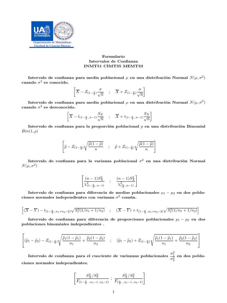 Formulario Tercer Control Parcial | PDF | Intervalo de confianza | Distribución normal