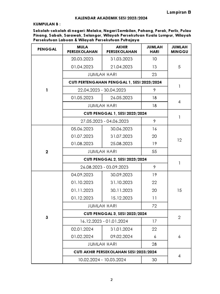 Jadual Penggal Persekolahan 2023:2024 | PDF