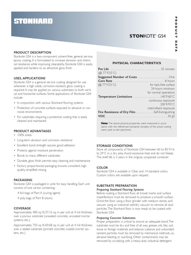 Stonkote Gs4 Product Data en Us | PDF | Concrete | Coating