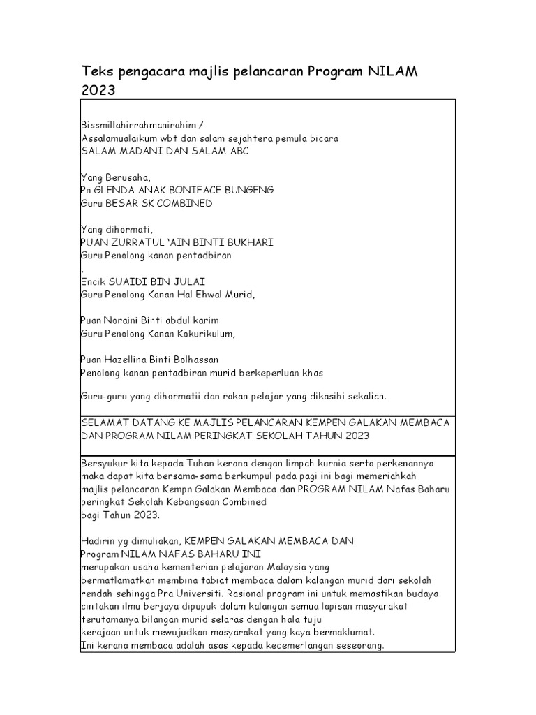 Teks Pengacara Majlis Pelancaran Program NILAM | PDF