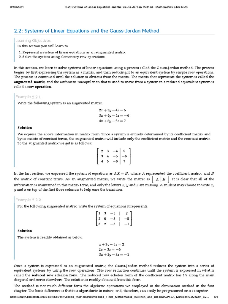 Gauss-Jordan Method for Linear Systems | PDF | Matrix (Mathematics ...