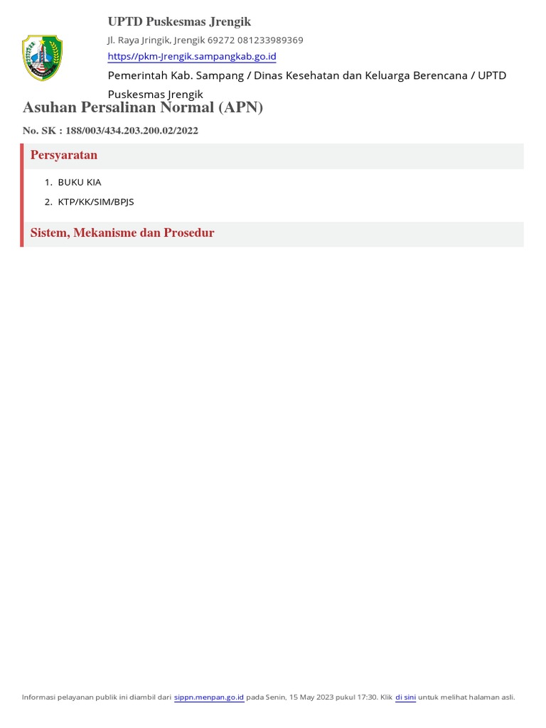 Unduh Standar Pelayanan - Asuhan Persalinan Normal (APN) | PDF