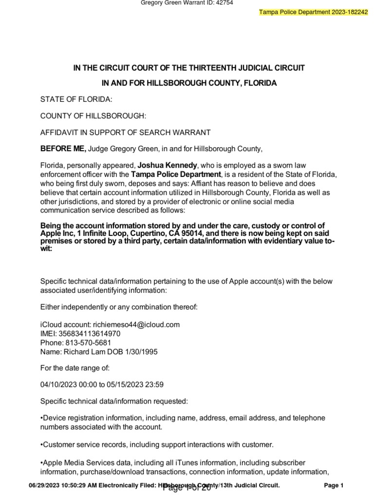 Search Warrant Filed A6422fc0 4feb 48e1 Bb9e 8fe5754255fa | PDF | I ...