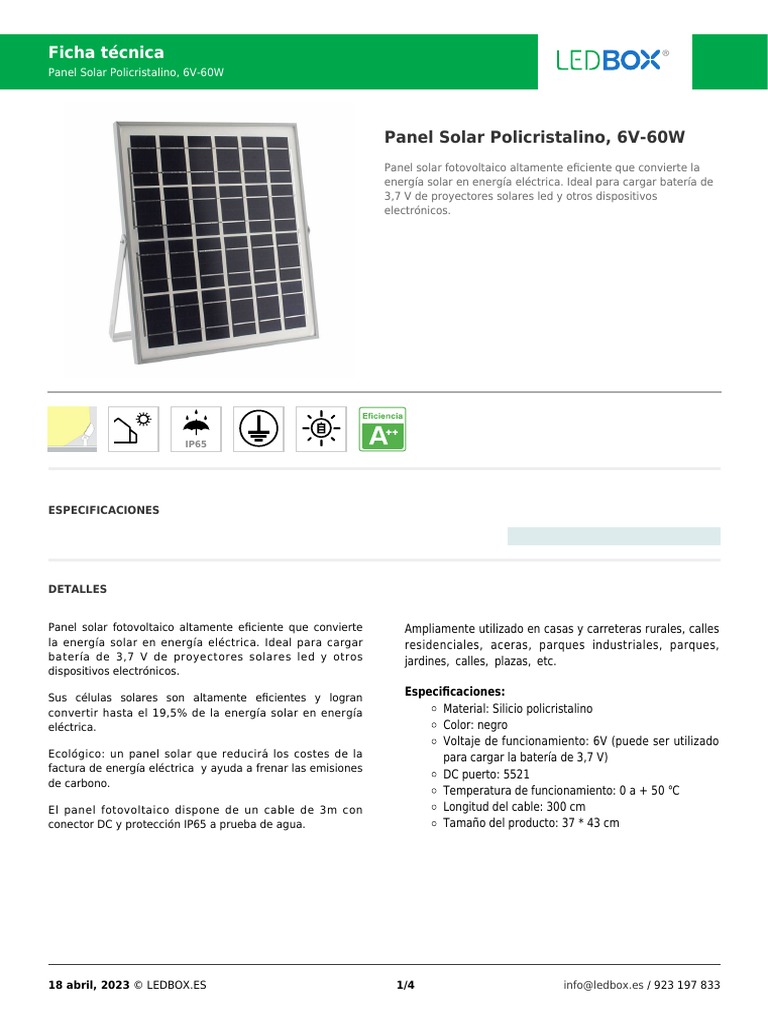 Panel Solar Policristalino, 6V-60W | PDF | Panel solar | Energía solar