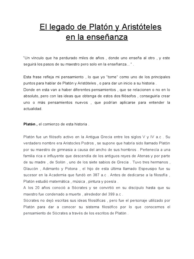 Legado de Platón y Aristóteles en Educación | PDF | Aristóteles | Platón