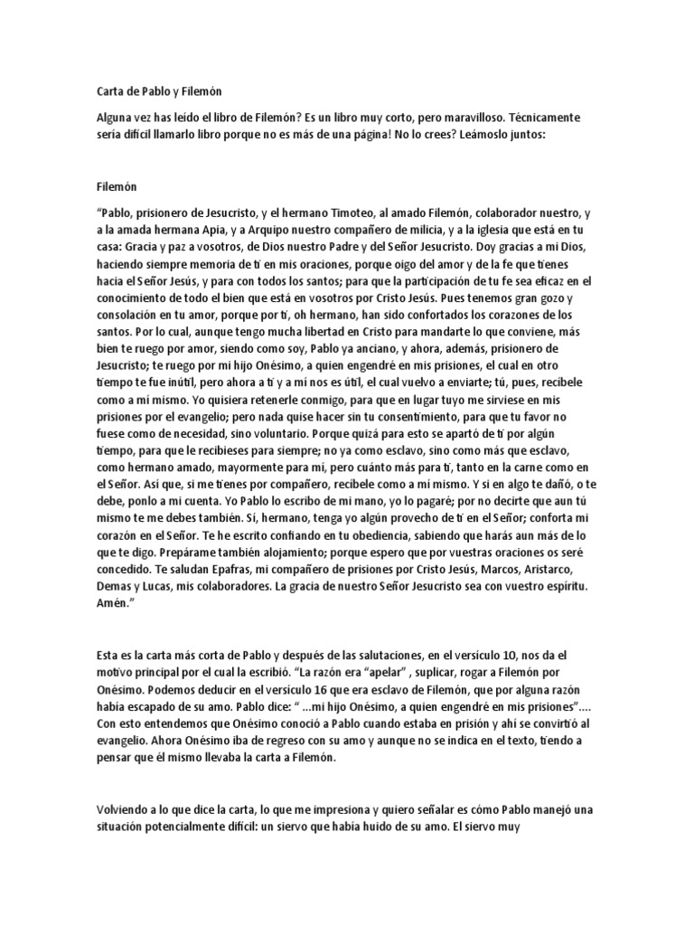 Carta de Pablo a Filemón sobre Onésimo | PDF | Epístola a Filemón ...