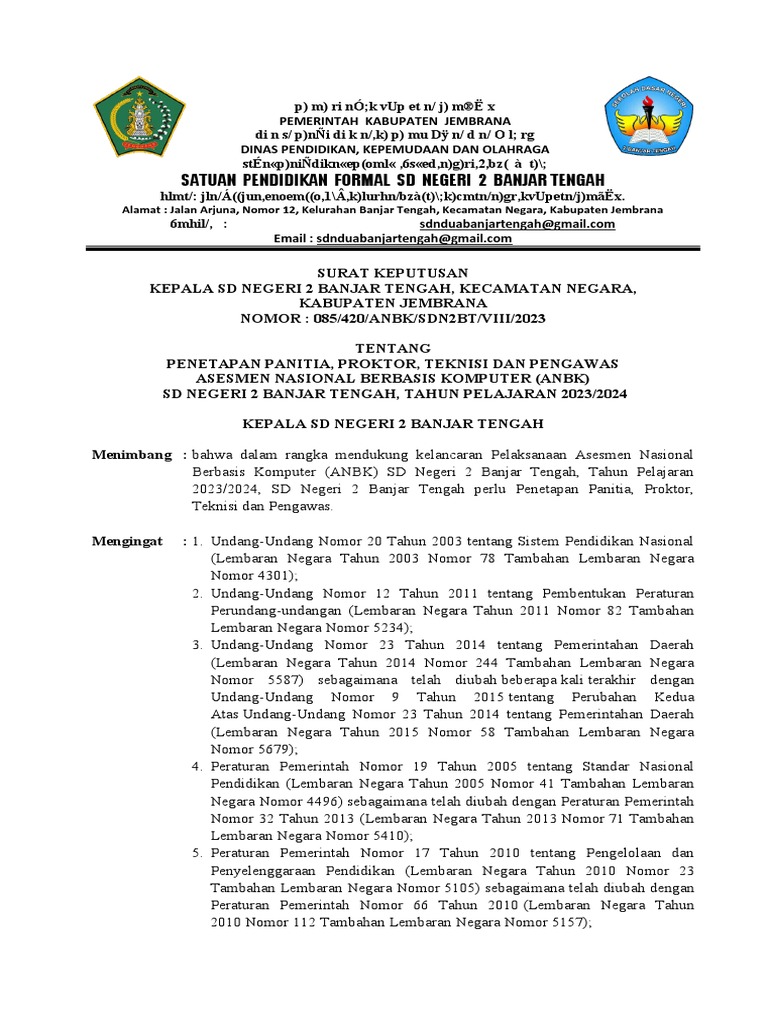 SK Panitia, Proktor, Teknisi, Pengawas Anbk 2023-2024 | PDF