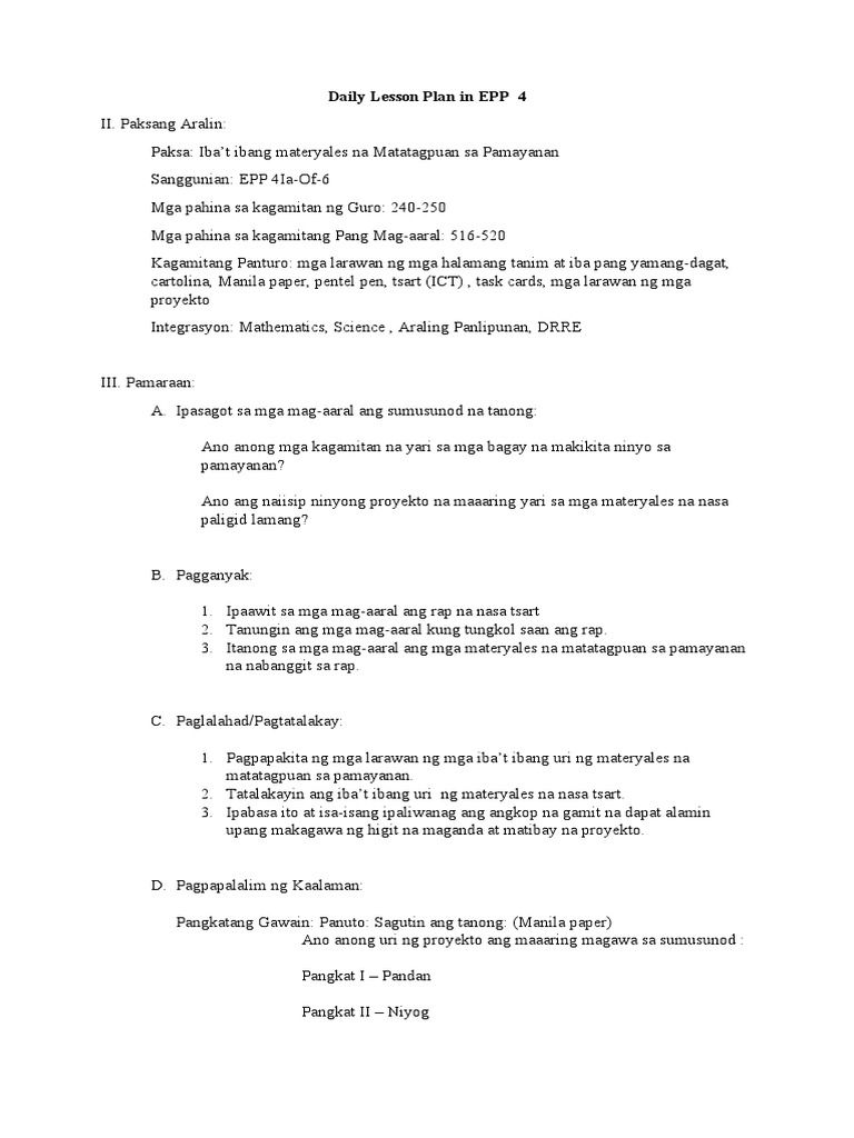 Daily Lesson Plan in EPP 4 | PDF