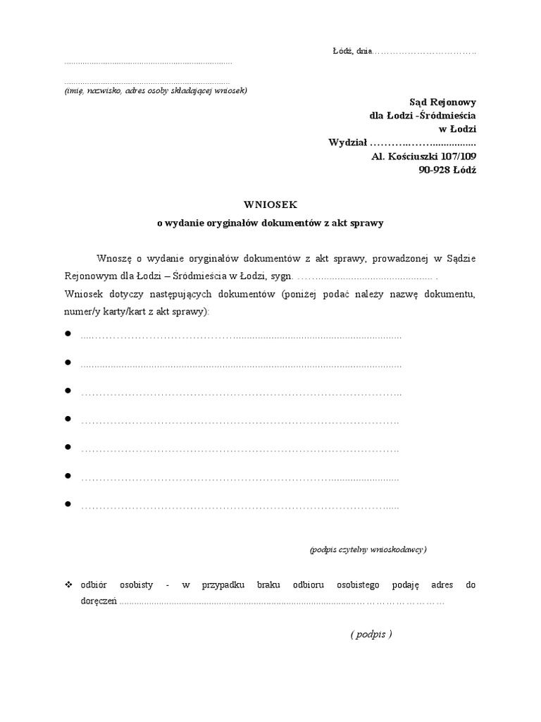 Wniosek o Wydanie Oryginałów Dokumentów | PDF