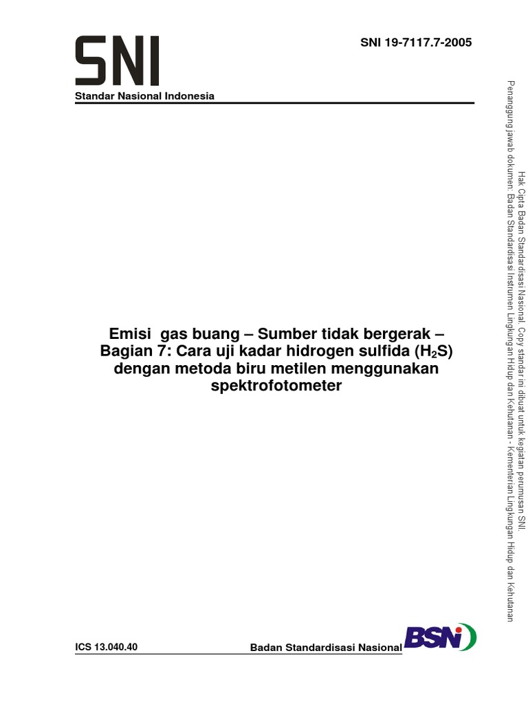 SNI 19 7117.7 2005 Bagian 7 Cara Uji Kadar Hidrogen Sulfida H2S Dengan ...