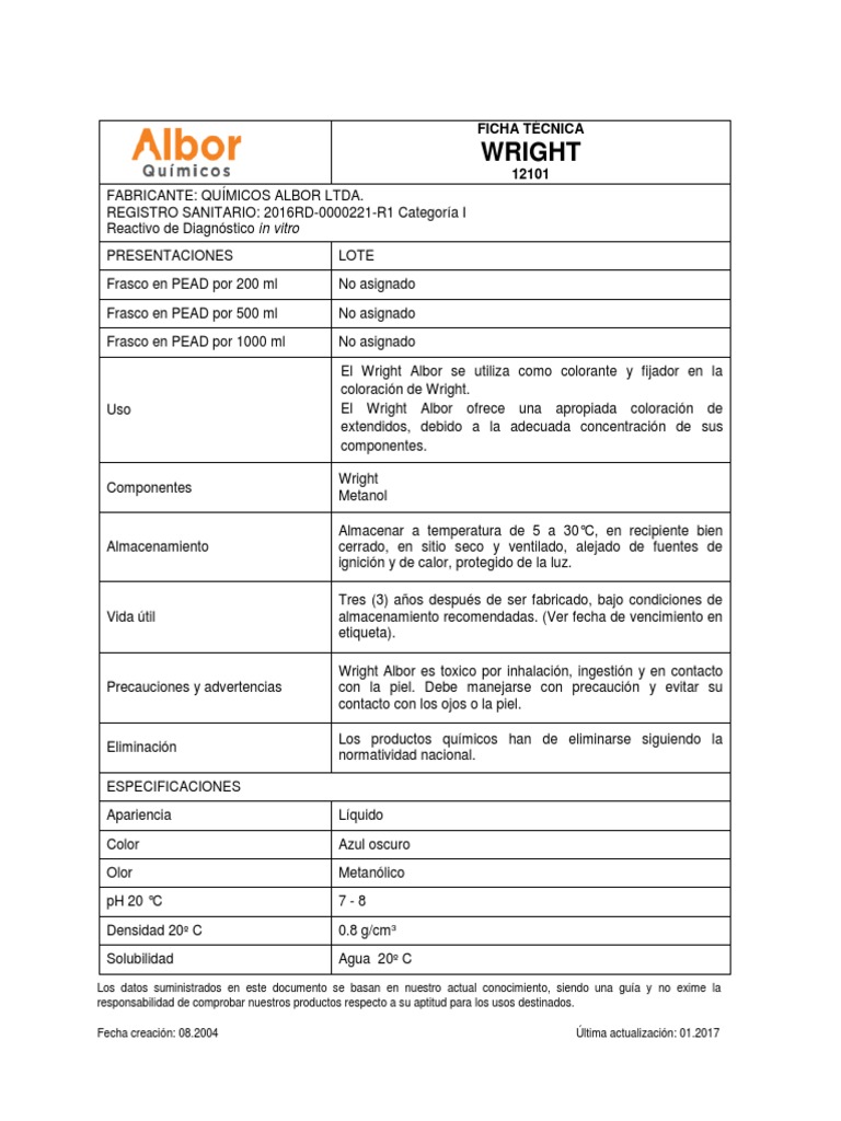 Ficha Técnica del Colorante Wright Albor | PDF | Química | Ciencias fisicas