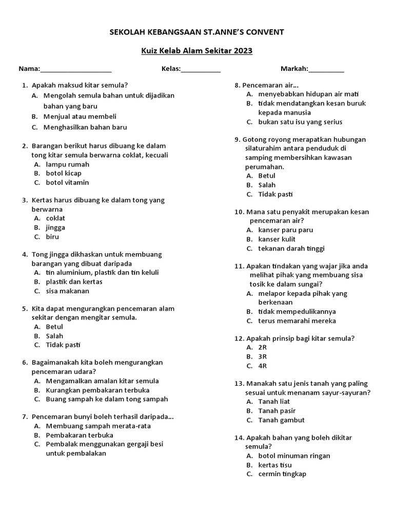 Soalan Kuiz Kelab Alam Sekitar | PDF