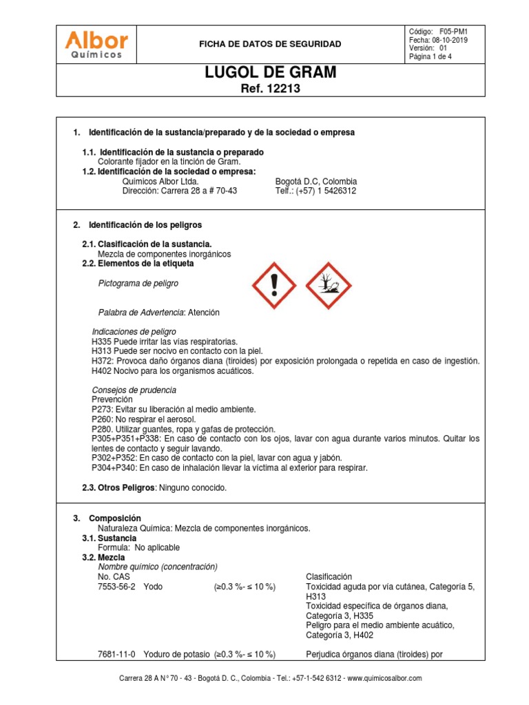 Ficha de Seguridad del Lugol de Gram | PDF | Agua | Naturaleza