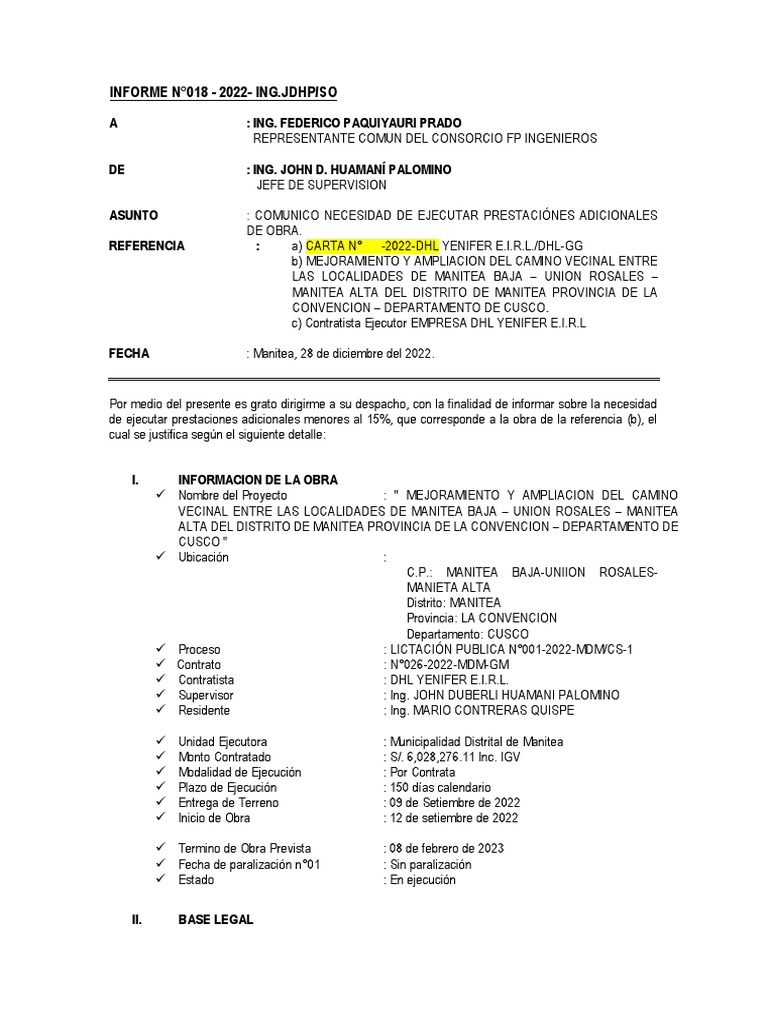 Informe Adicionales de Obra | PDF | Presupuesto | Porcentaje