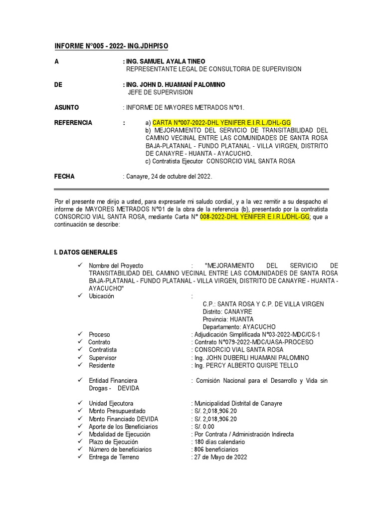 Informe Mayores Metrados | PDF | Presupuesto | Ingeniero civil