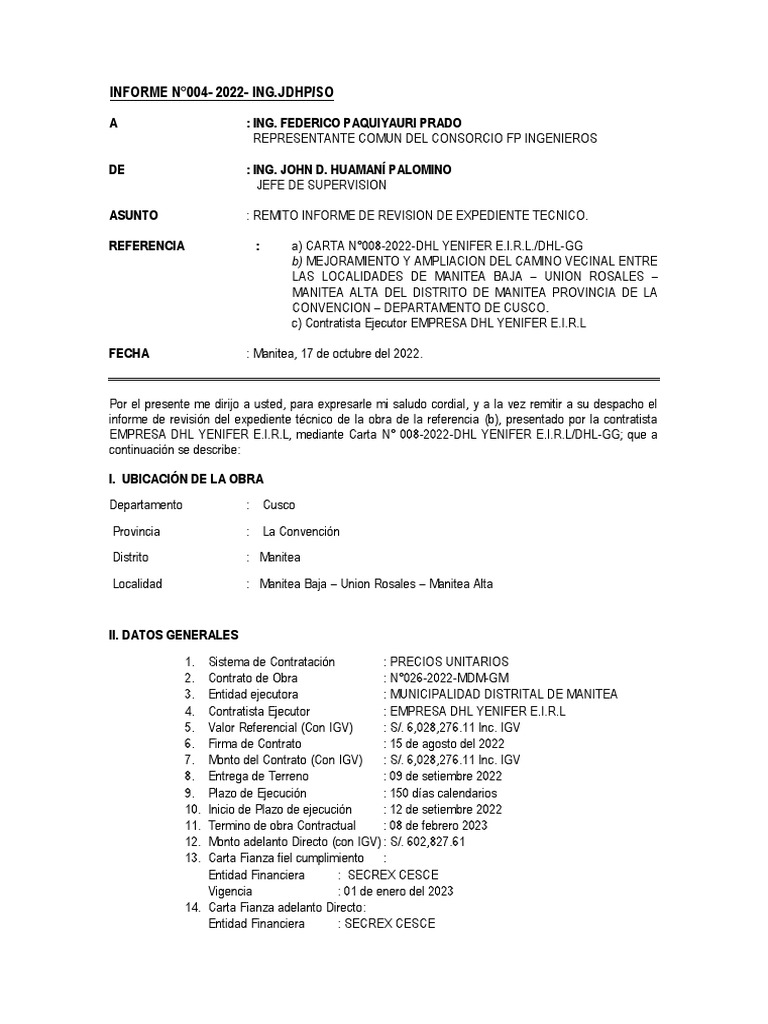 Informe Revision de Expediente Tecnico | PDF | Presupuesto | Hormigón