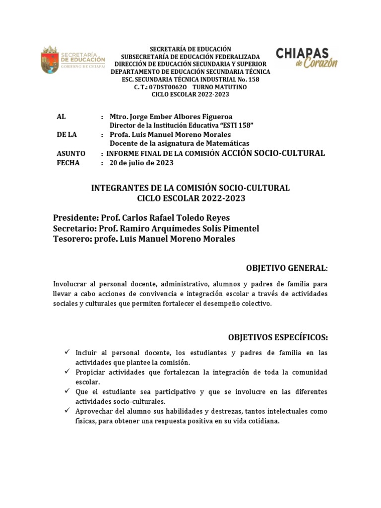 Informe Final de La Comisión Acción Sociocultural | PDF | Maestros