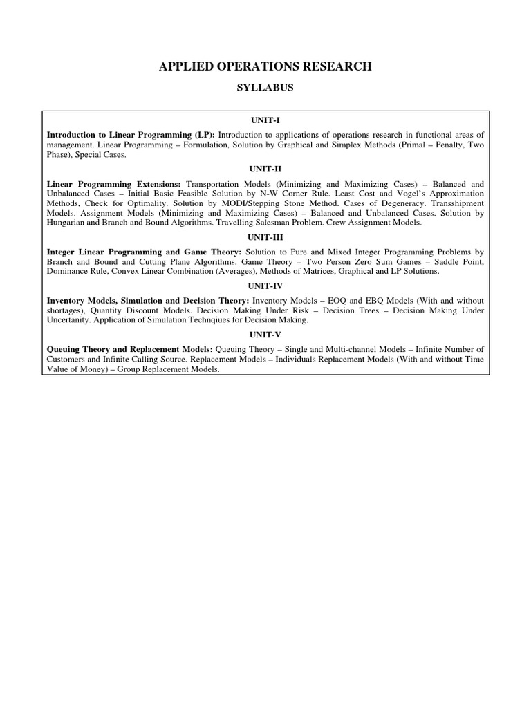 Applied Operations Research Syllabus | PDF | Linear Programming ...