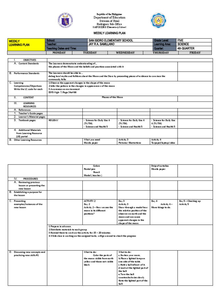 DLL - Science 5 - Q3 - W4 | PDF | Moon | Learning