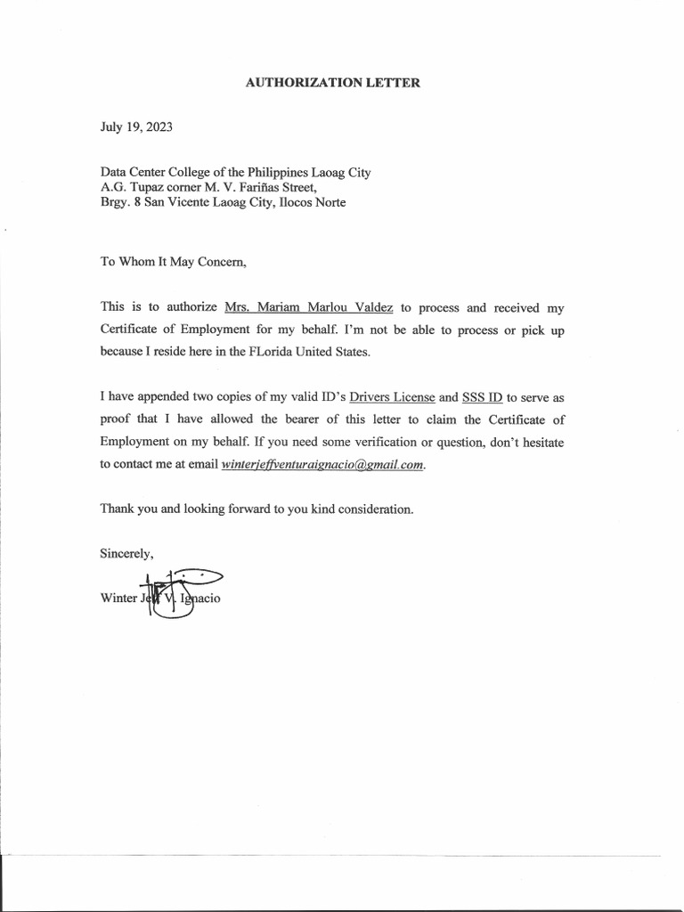 Authorization Letter | PDF