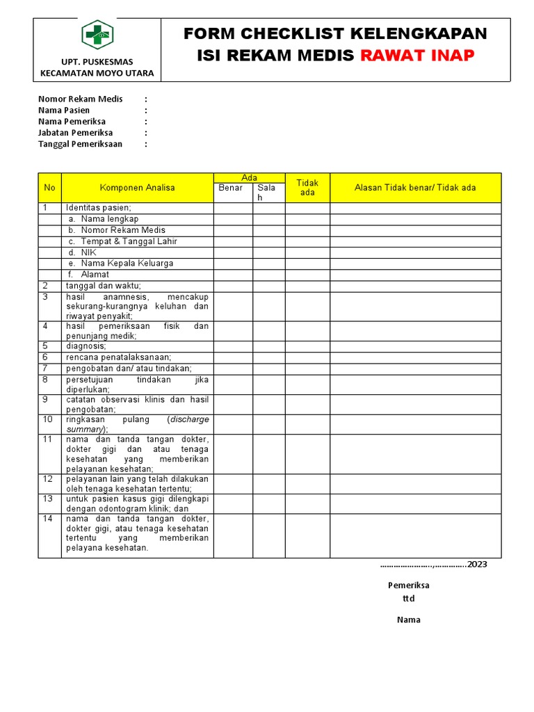 FORM Checklist Rekam Medis Rawat Inap | PDF