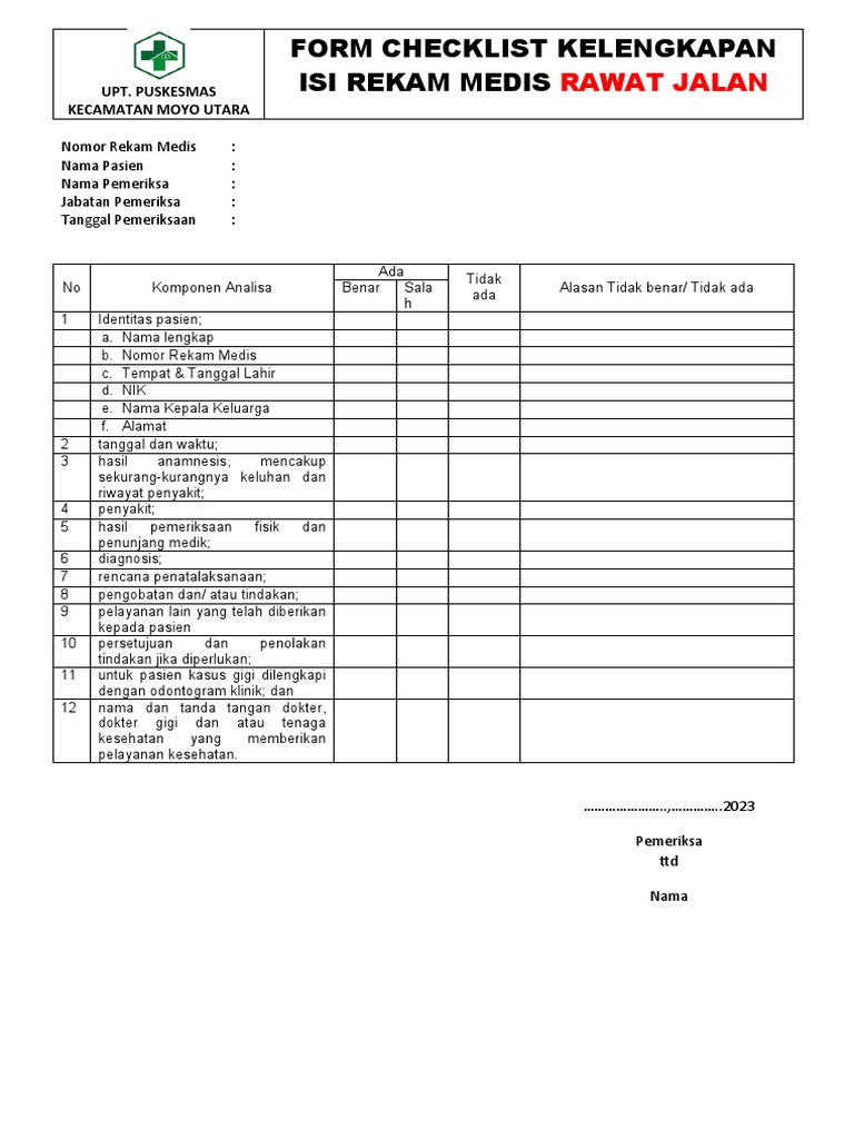 FORM Checklist Rekam Medis Rawat Jalan | PDF