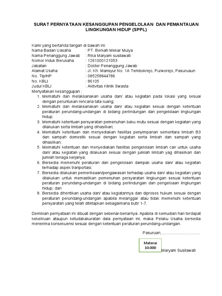 Surat Pernyataan Kesanggupan Pengelolaan Dan Pemantauan Lingkungan ...