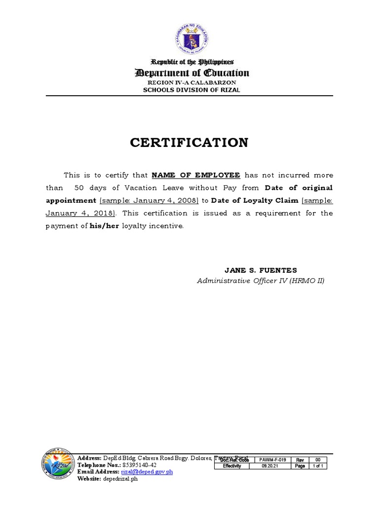 Certification For Loyalty Pay For 10 Year Claim | PDF