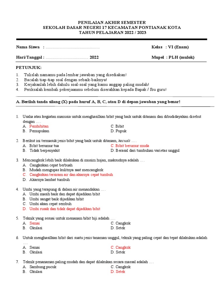 Soal Pas PLH Kelas 6 Ganjil | PDF | Gaya Hidup